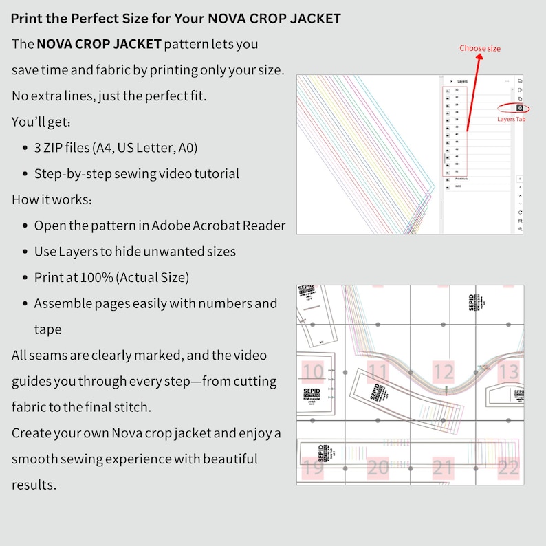 Nova Crop Jacket Sewing Pattern | Women's Sizes EU 44-50 (PDF + Video ...