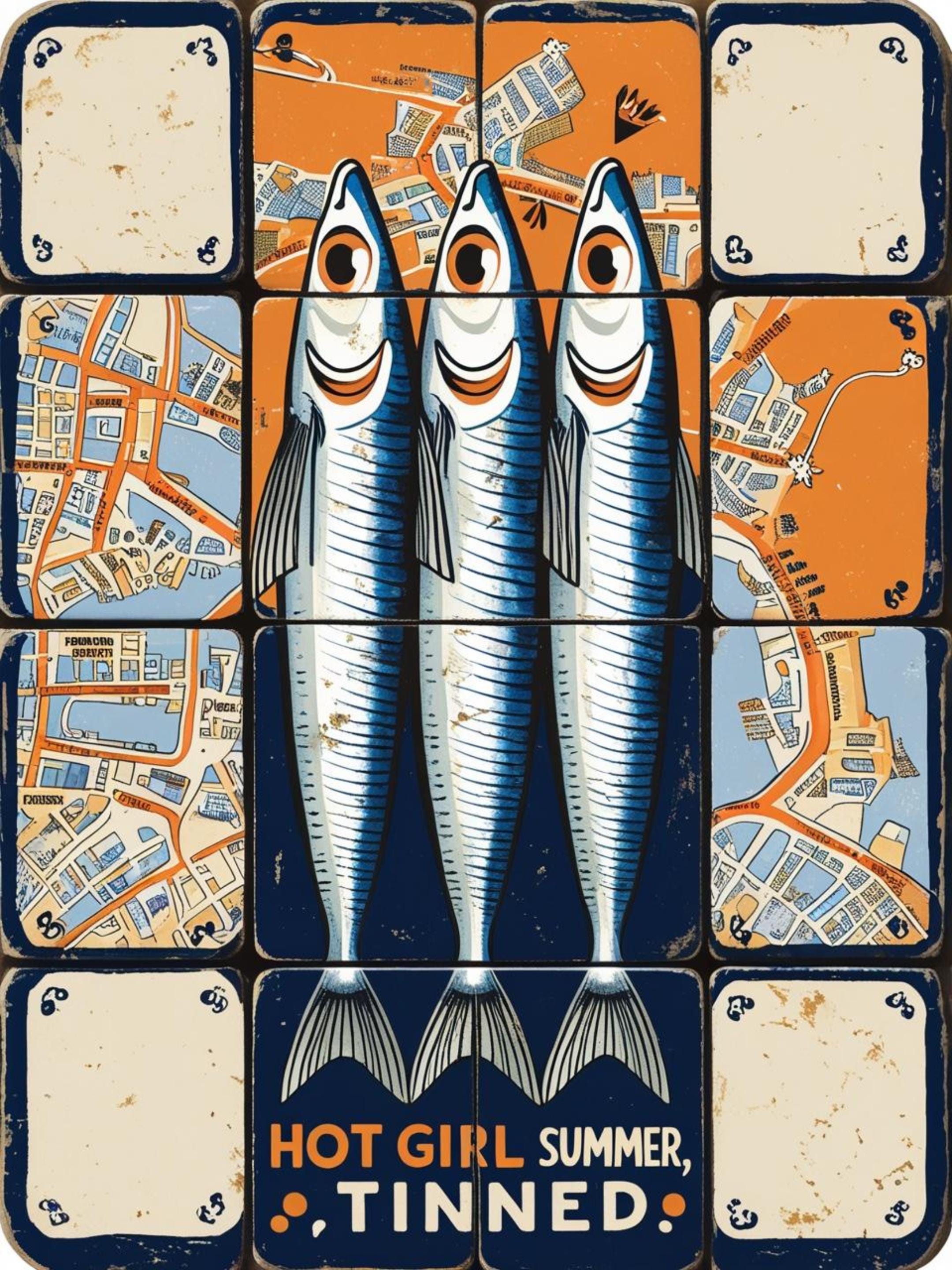 Vintage Map Sardine Poster • Amalfi Coast Label Art • Retro Grocery ...