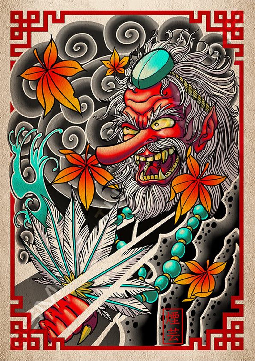 Japanese Tengu Mask – Printable Wall Art / Poster in Irezumi Tattoo ...