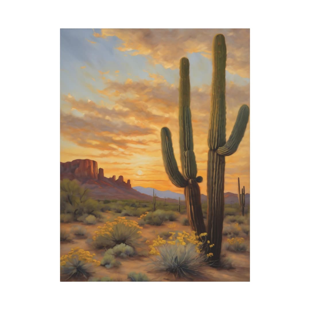 Saguaro Cactus Oil Painting, Southwestern Desert Landscape Canvas Art ...