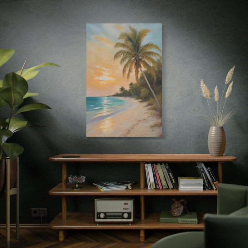 Florida Beach Oil Painting, Sunset Canvas Wall Art, Tropical Palm Tree ...