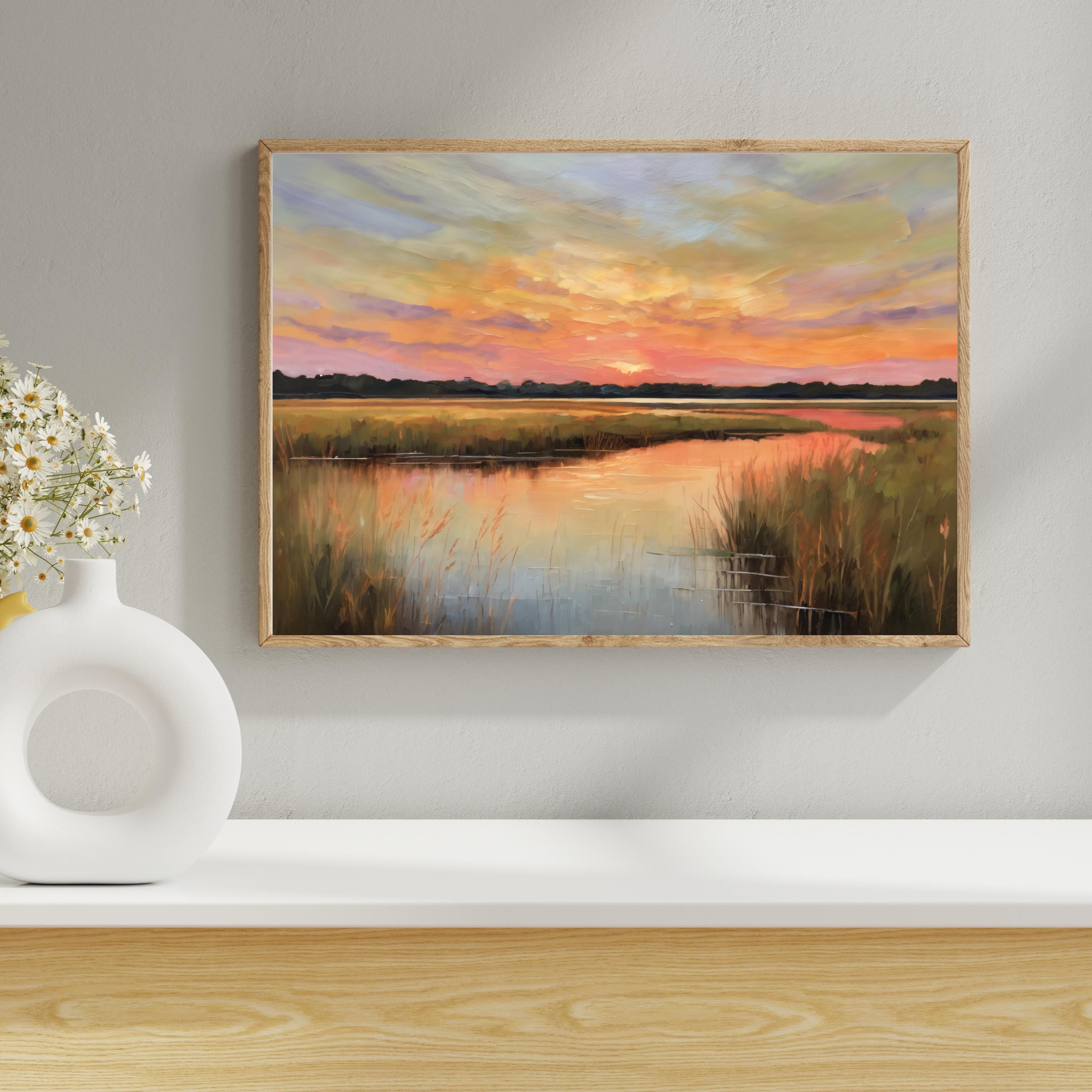 Salt Marsh Oil Painting, Sunset Landscape Canvas, Tranquil Nature Wall ...