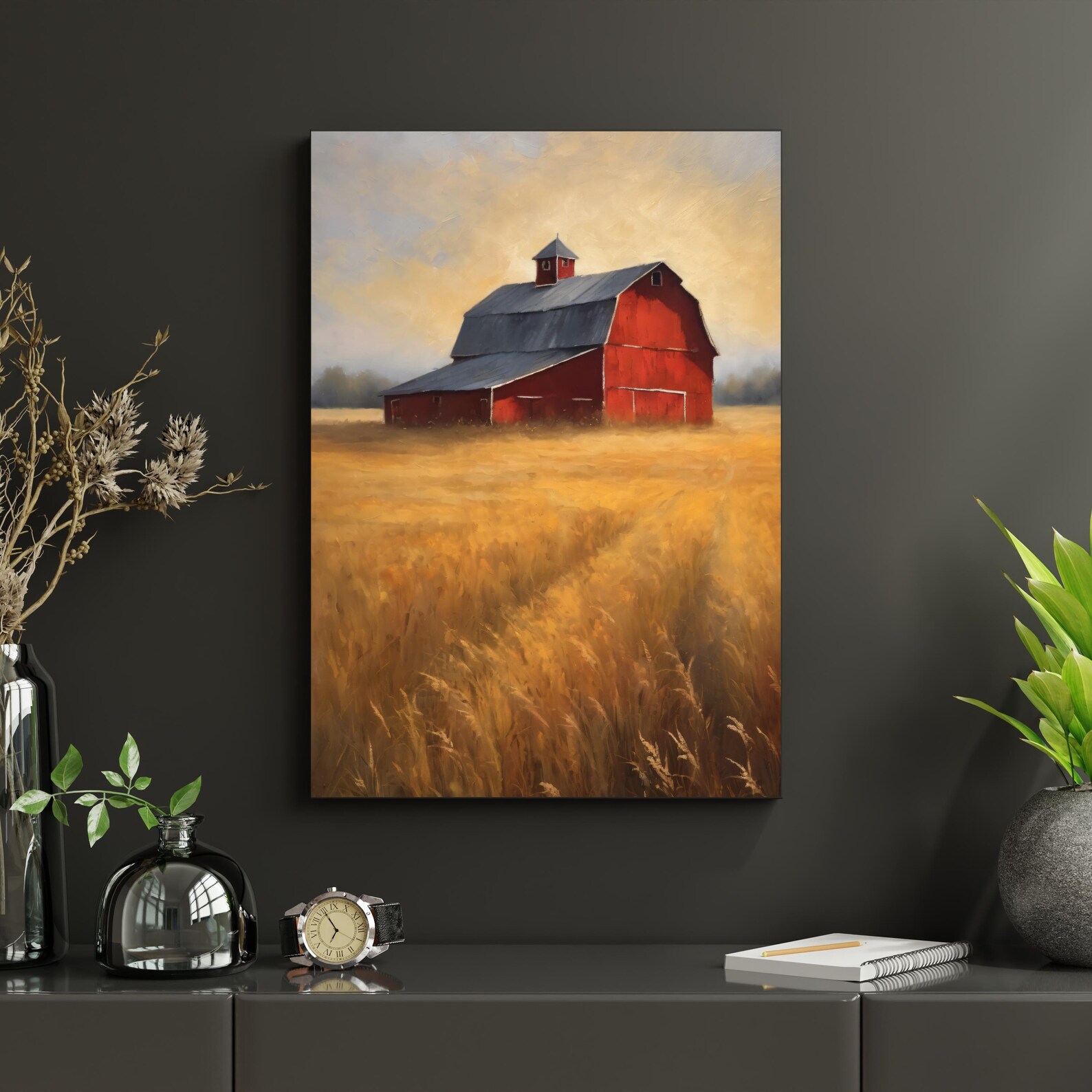 Red Barn Oil Painting, Rustic Farmhouse Landscape Canvas Art, Wheat ...