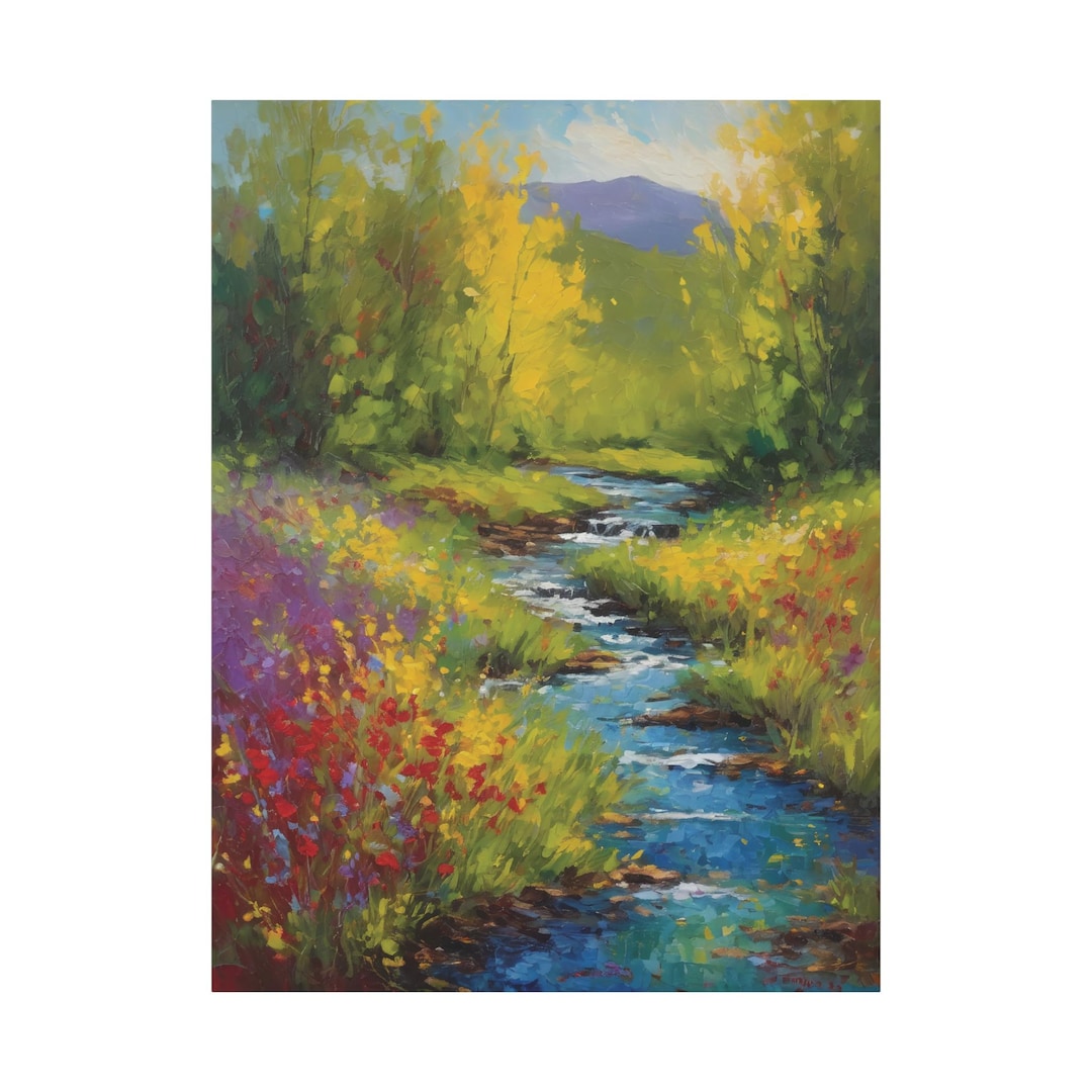 Spring River Landscape Oil Painting – Vibrant Wildflowers, Flowing ...