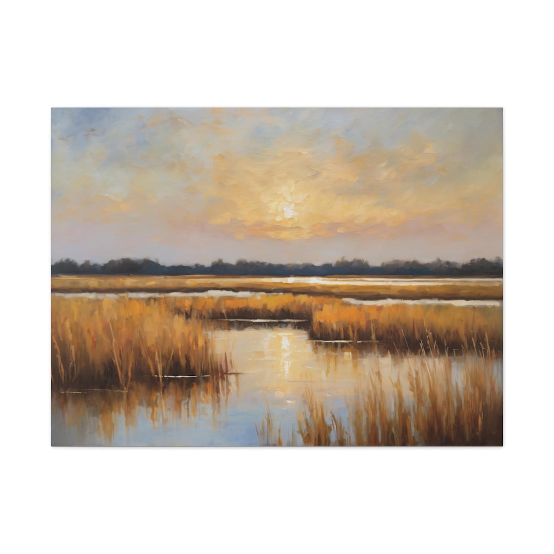 Salt Marsh Oil Painting, Sunset Landscape Canvas, Tranquil Nature Wall ...