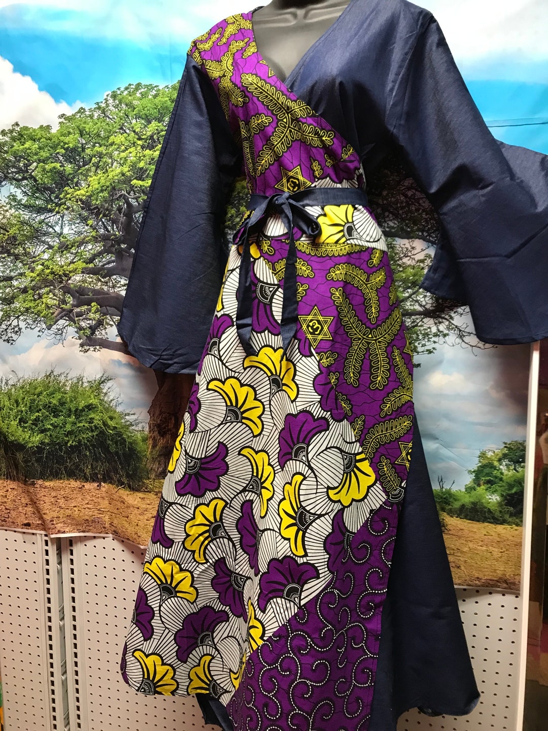 Ankara Print and Denim African Wrap Around Dress, Ankara Dress, One ...