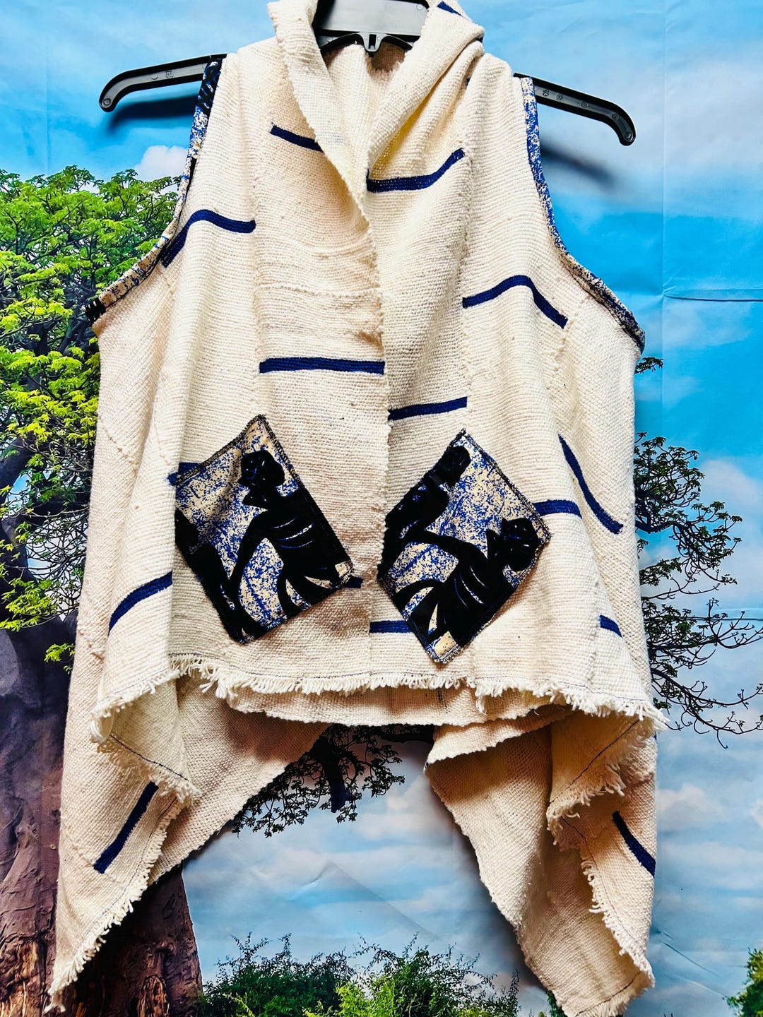 Ivory and Blue Bogolan Vest/ Shrug, Mud Cloth Shrug With Colorful ...