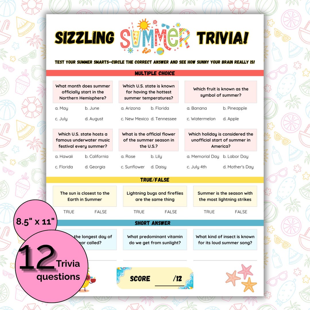 Summer Trivia Game Printable | Fun Family Party Quiz | Vacation ...