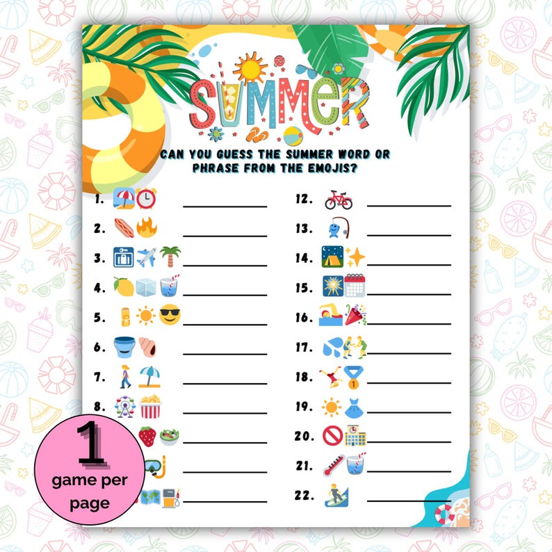 Summer Emoji Game Printable | Fun Guessing Game for Kids & Adults ...