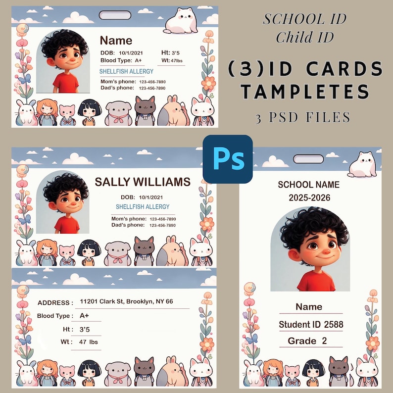 School Id & 2 Child Id Templates (psd Editable Files) - Etsy