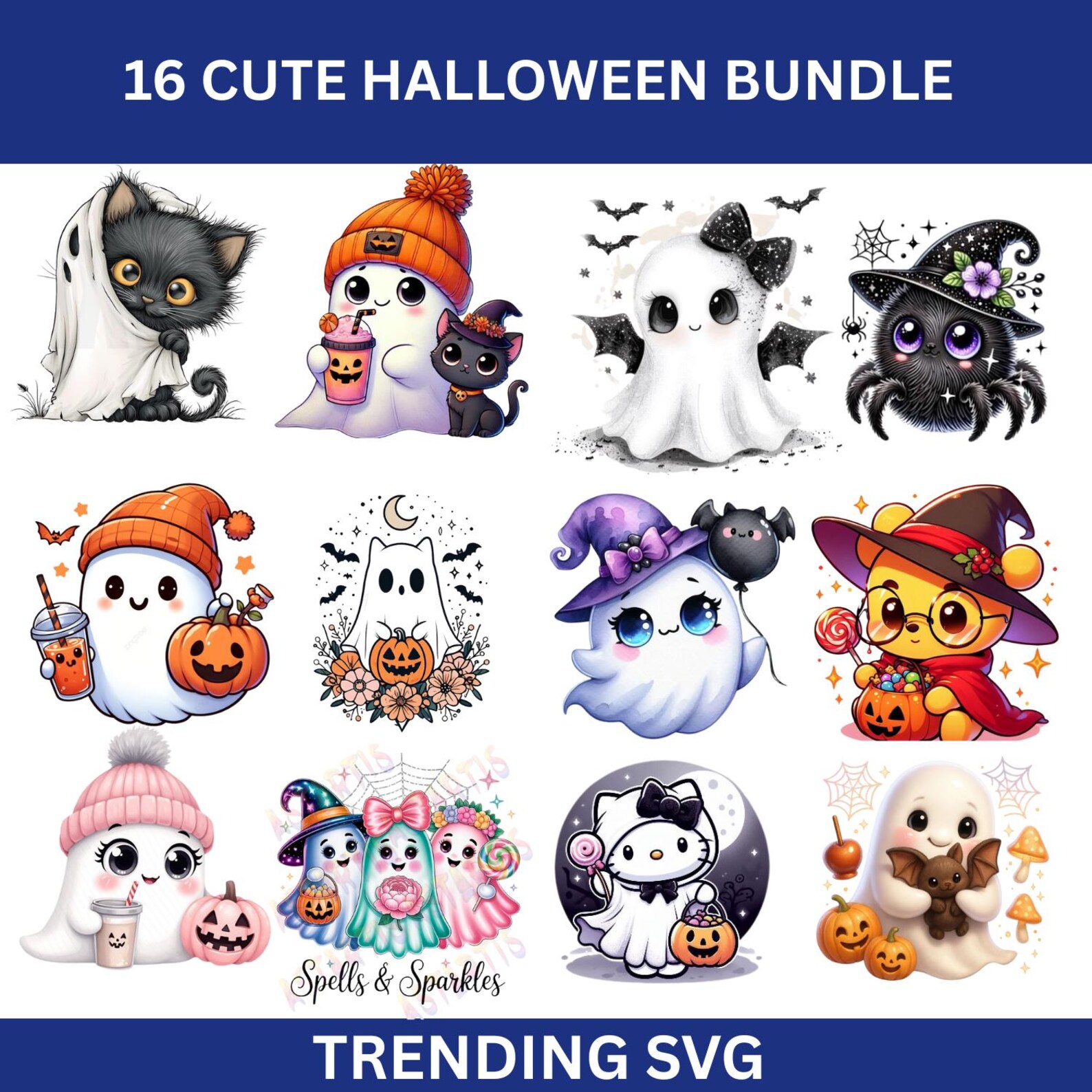 Watercolor Halloween Clipart Bundle: Ghost, Pumpkin, Cat, Spider (PNG ...
