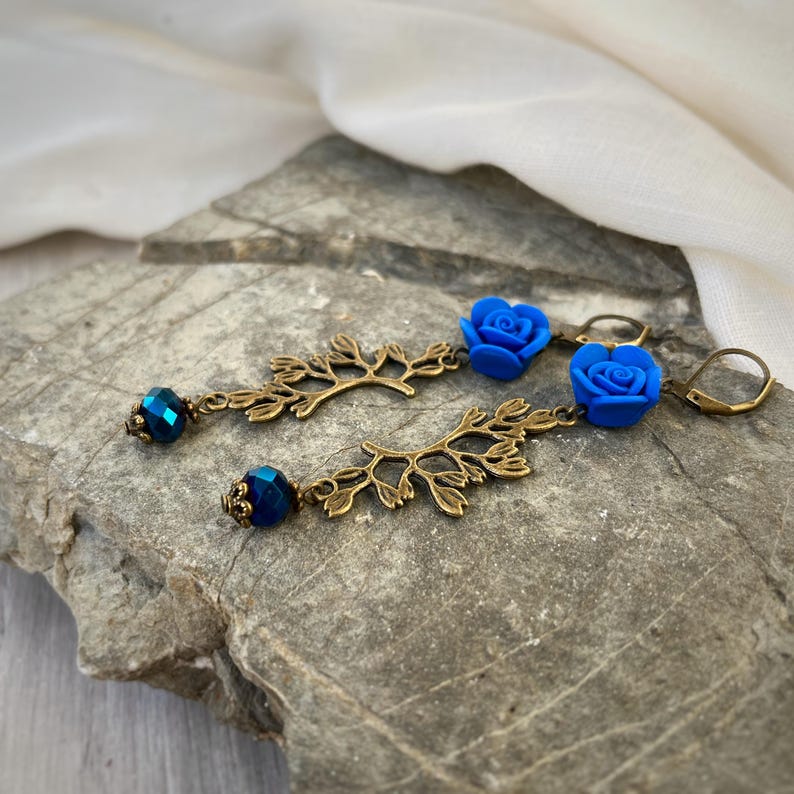 Blue Rose Earrings, Bronze Leaf Dangle Earrings, Polymer Clay Flower ...