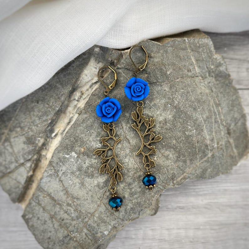 Blue Rose Earrings, Bronze Leaf Dangle Earrings, Polymer Clay Flower ...