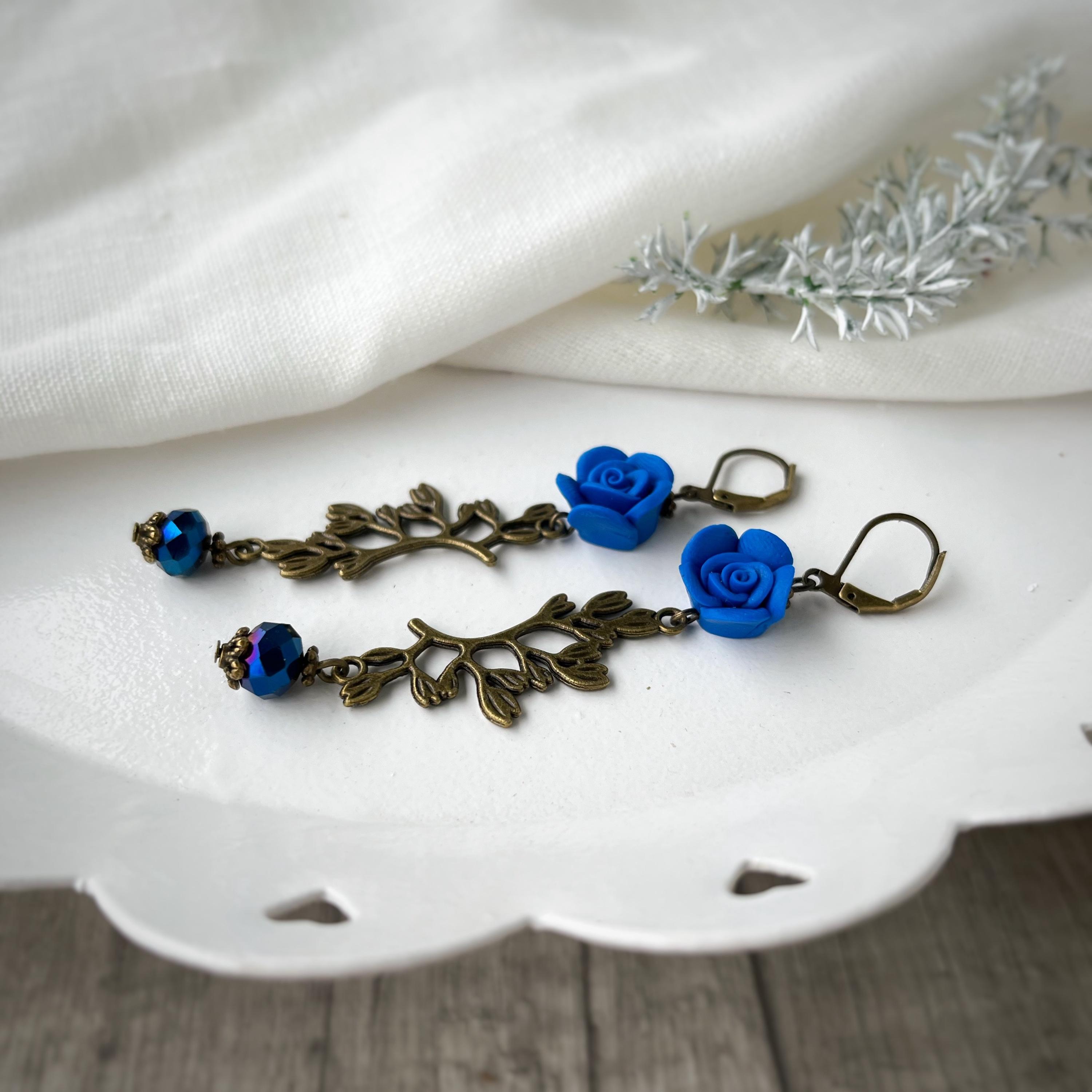Blue Rose Earrings, Bronze Leaf Dangle Earrings, Polymer Clay Flower ...