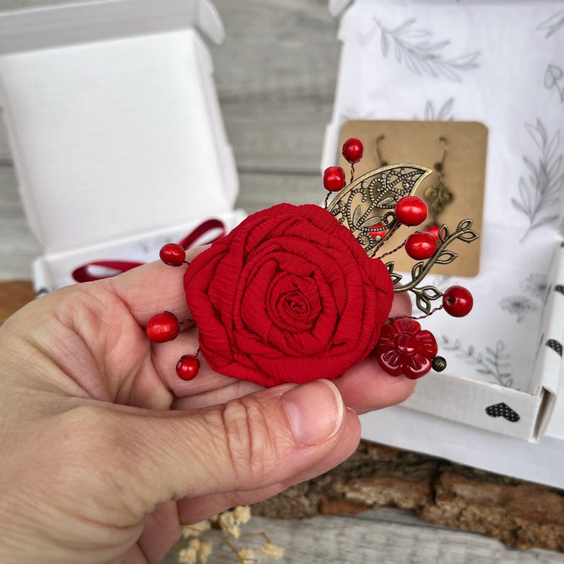 Handcrafted Red Chiffon Rose Brooch & Wooden Dangle Earrings Jewelry ...