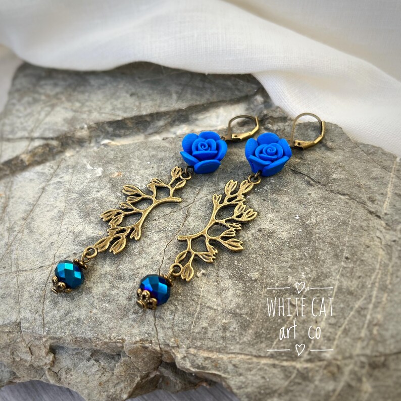 Blue Rose Earrings, Bronze Leaf Dangle Earrings, Polymer Clay Flower ...
