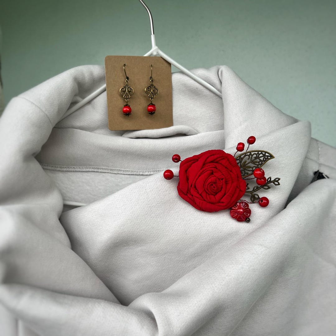Handcrafted Red Chiffon Rose Brooch & Wooden Dangle Earrings Jewelry ...