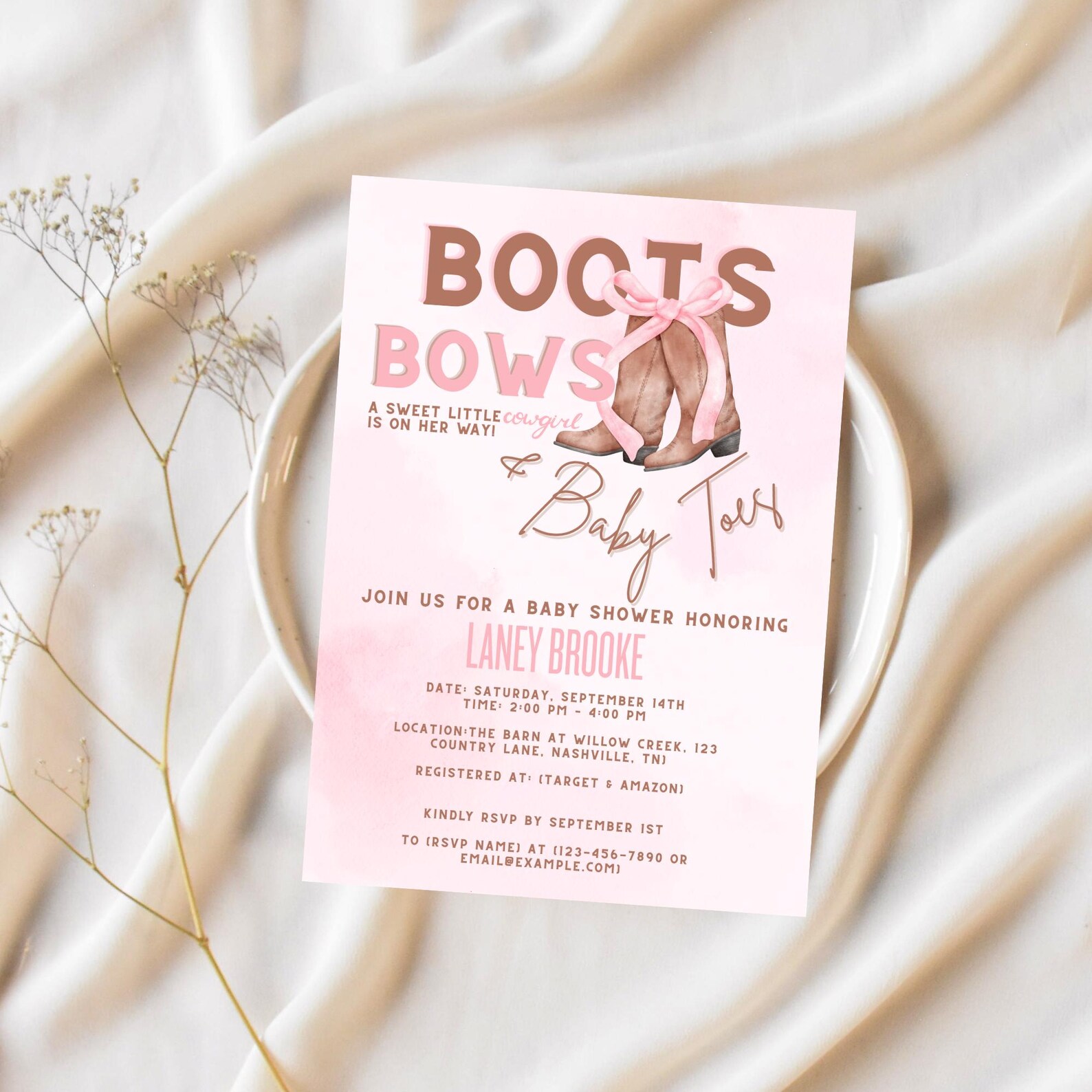 Boots Bows and Baby Toes Baby Shower Invitation | Pink Cowgirl Western ...