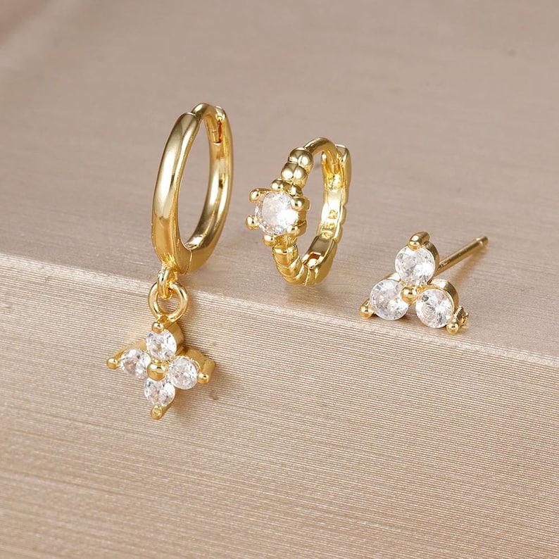 3PCS Zircon Hoop Earring Set, 18K Gold Plated Stainless Steel Studs - Etsy