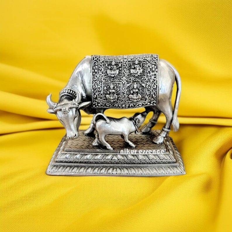 Pure Silver Cow and Calf Idol, Kamdhenu Murti for Puja & Home Temple ...
