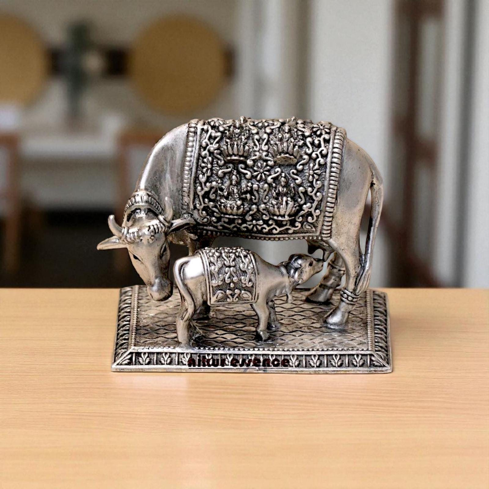 Pure Silver Cow and Calf Idol, Kamdhenu Murti for Puja & Home Temple ...
