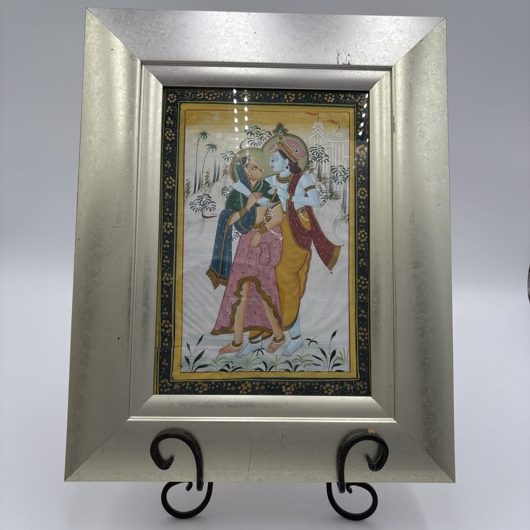 East Indian Painting of Radha and Krishna Hinduism Art on Silk Framed ...