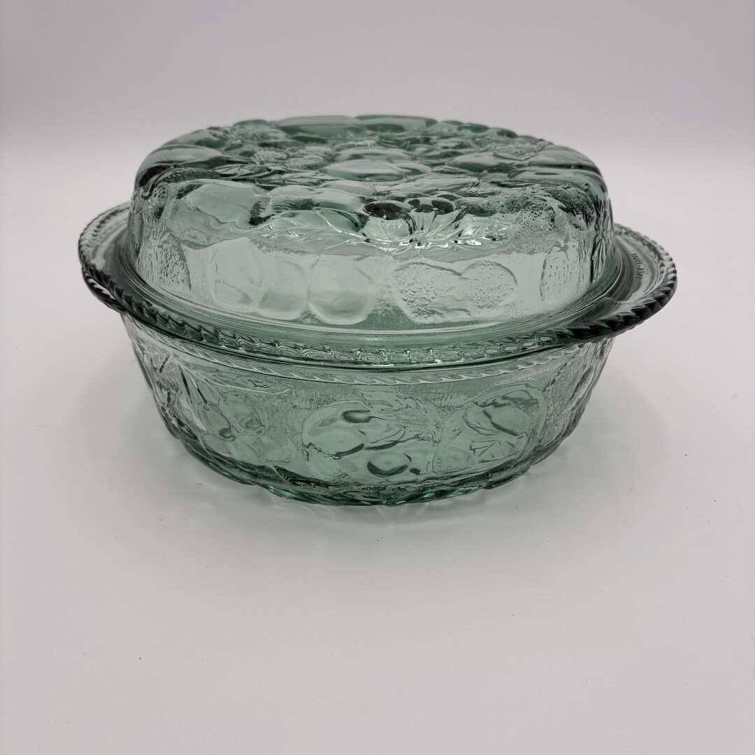 Vintage Libbey "orchard Fruit" Green Casserole Dish With Glass Cover ...