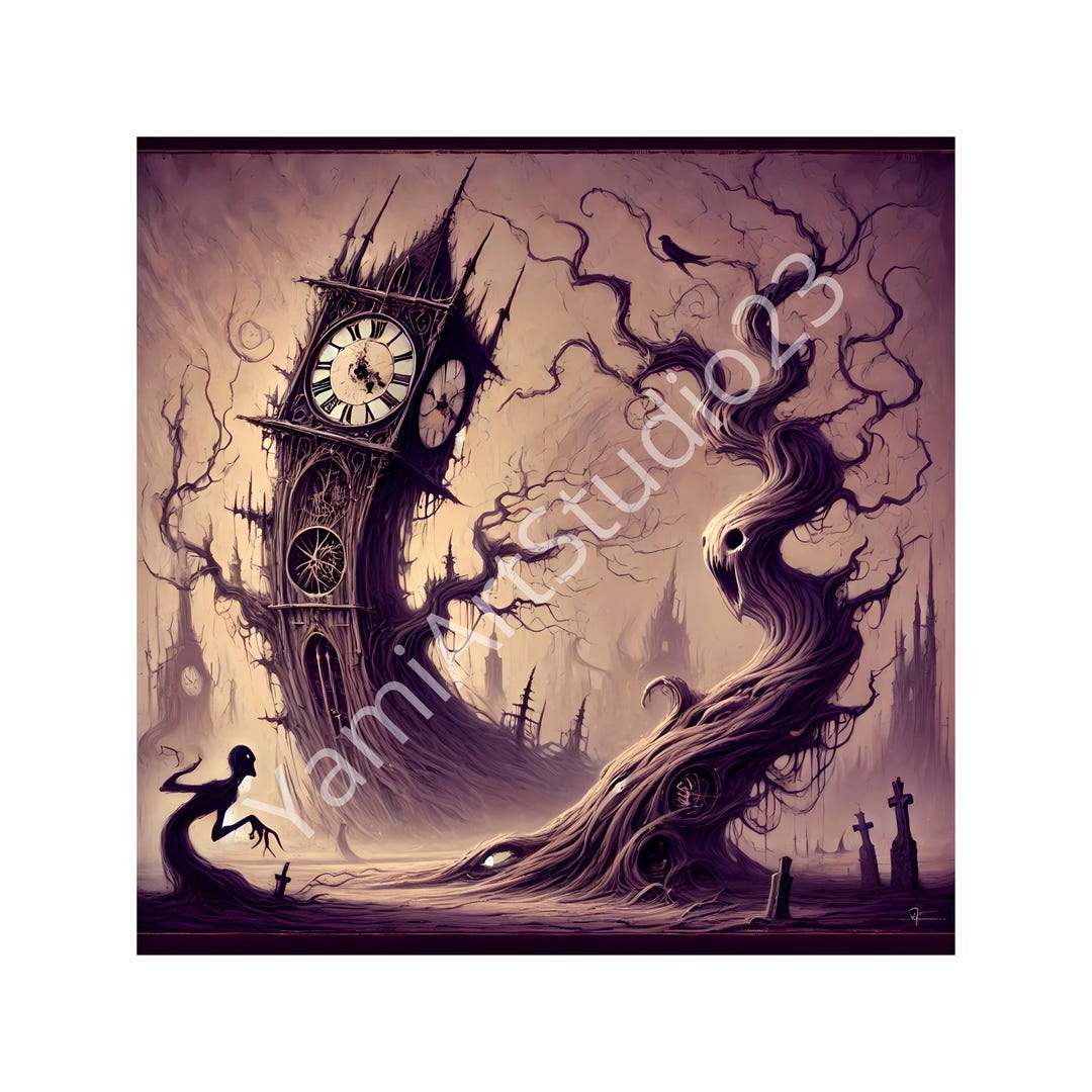 Gothic Clock Tower Art Print - Surreal AI Tree Spirit Poster - Dark ...