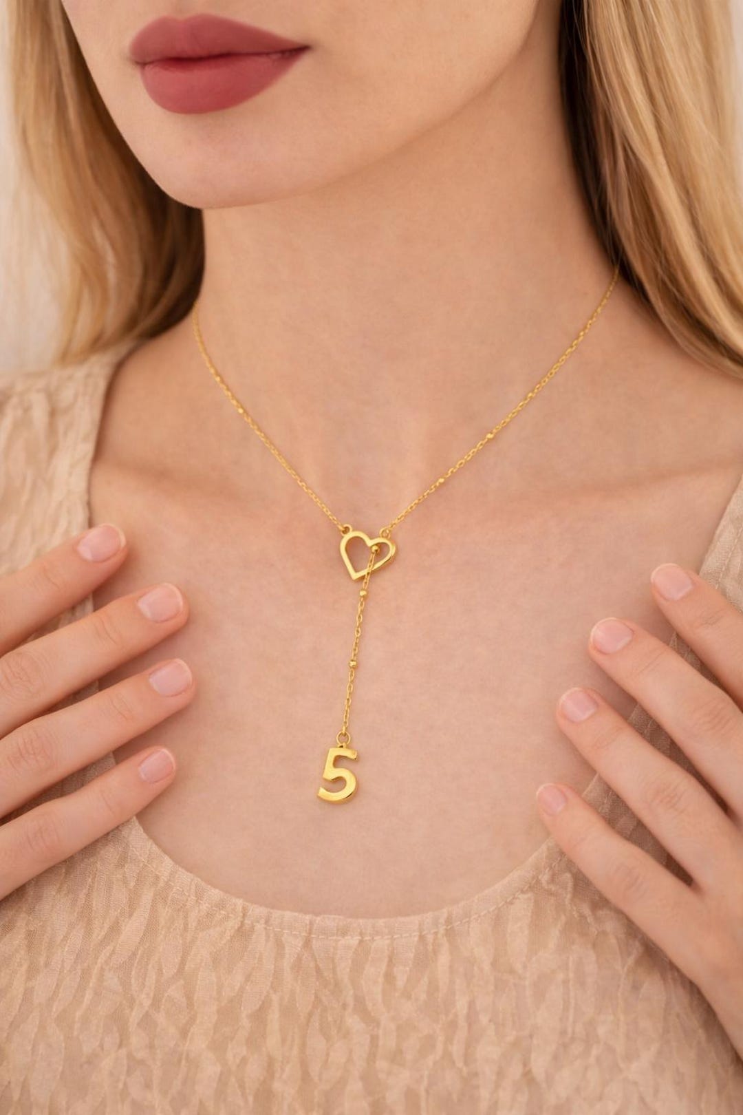 Custom Number Heart Lariat Necklace, Personalized Gold Drop Jewelry - Etsy
