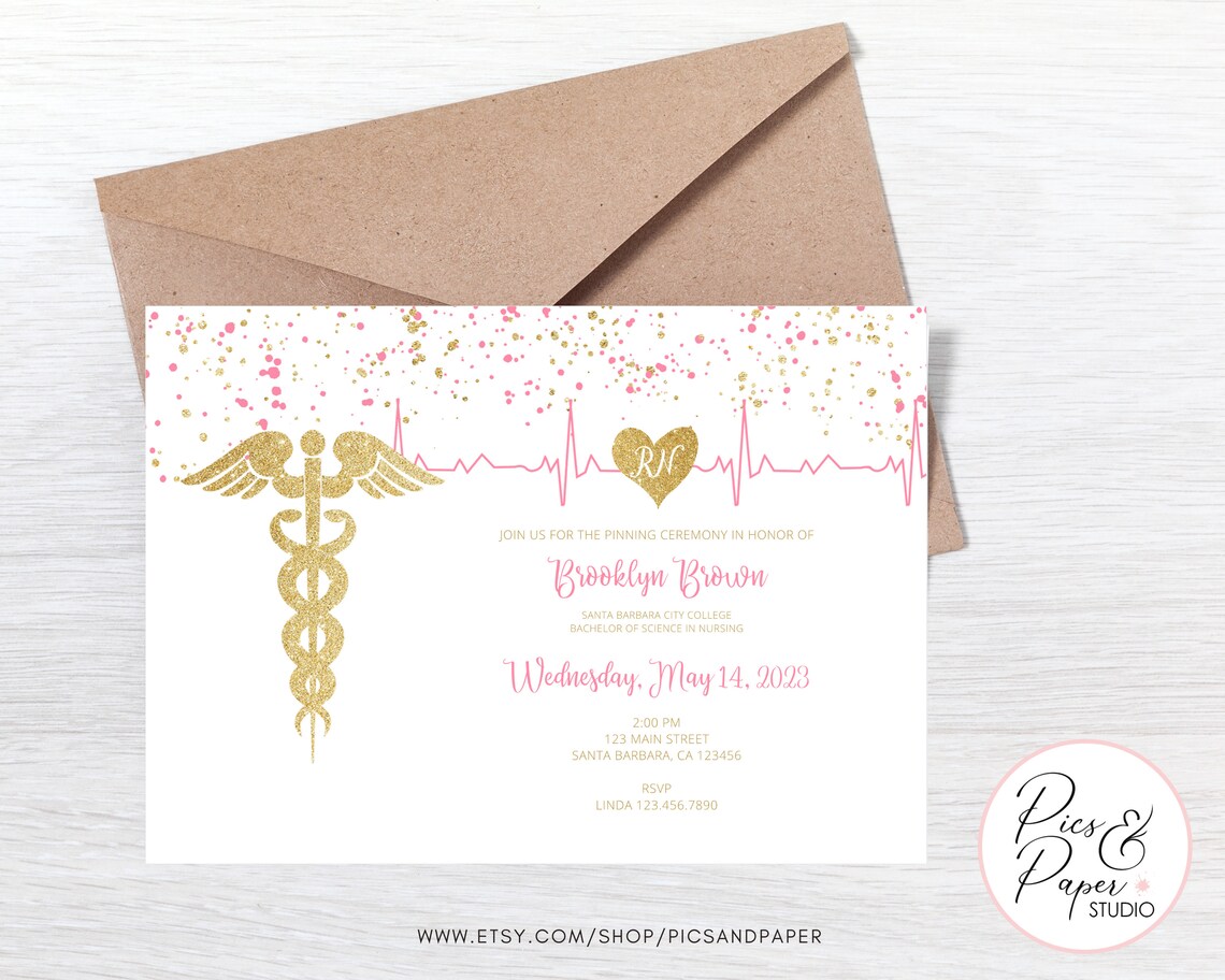 Nursing Graduation Invitation, RN in Pink and Gold, Personalized With ...