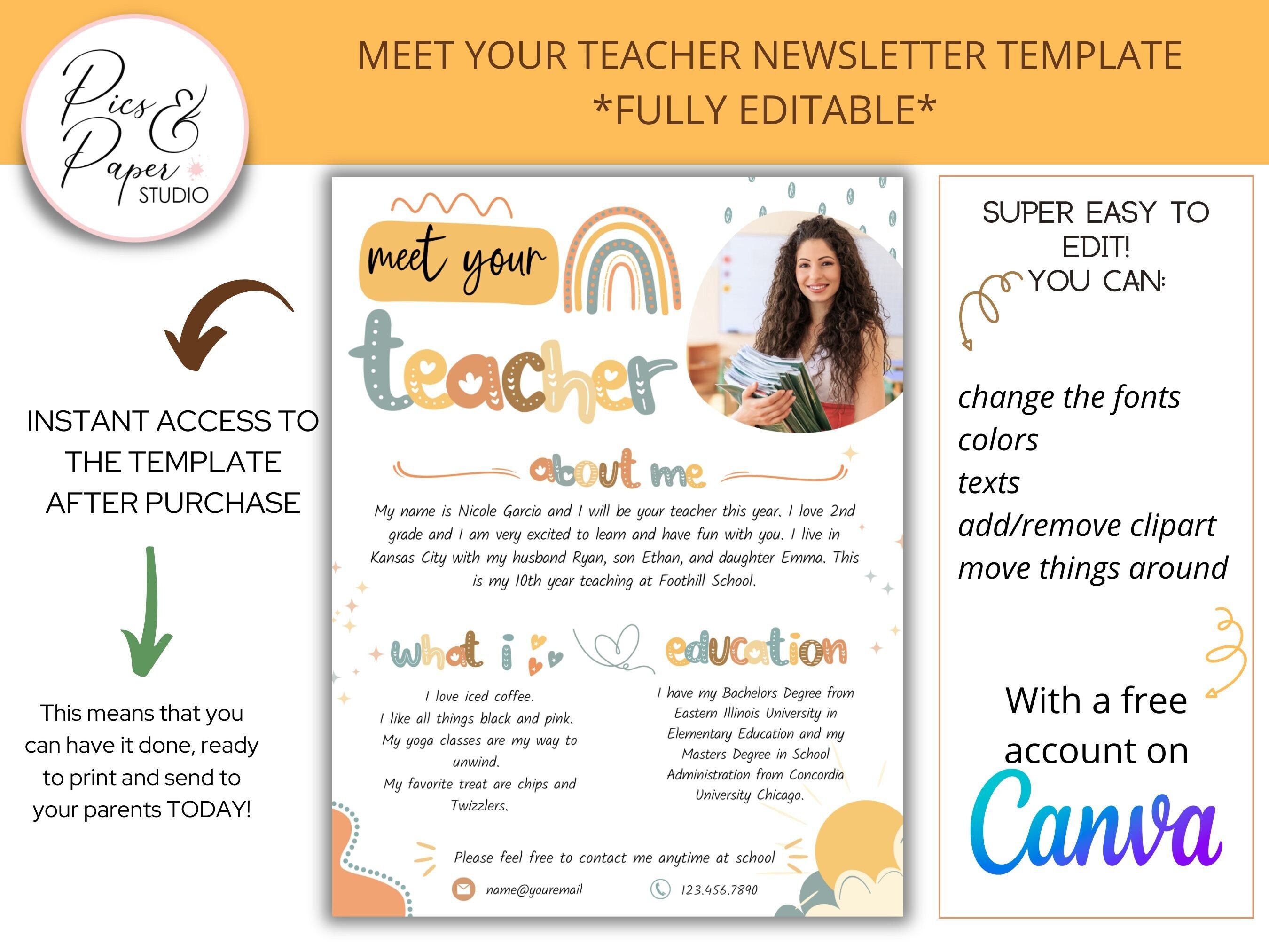 Meet Your Teacher Editable Template With Boho Elements Neutral Colors ...