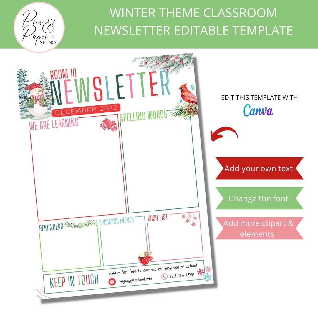 Classroom Winter Theme Newsletter Editable Template- Winter Elements ...