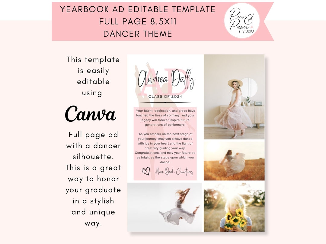 YEARBOOK AD Template, Full Page, Dancer Theme Editable Layout, Senior ...