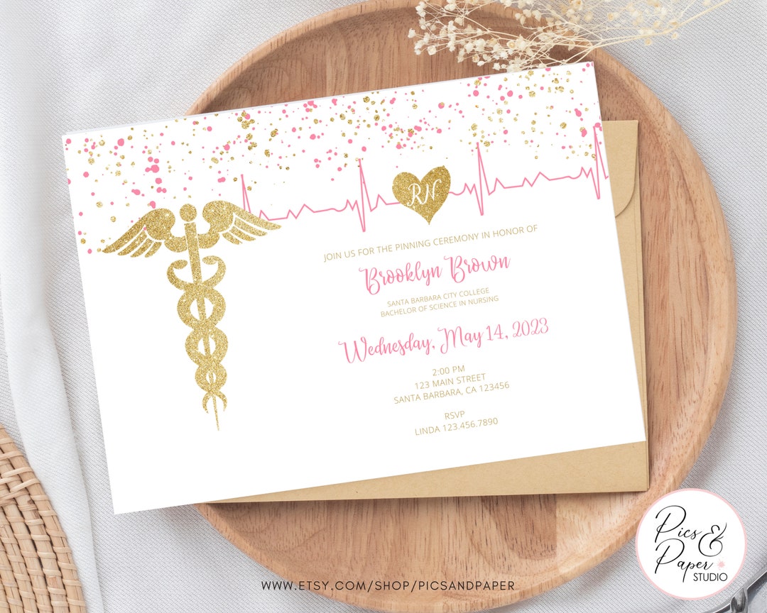 Nursing Graduation Invitation, RN in Pink and Gold, Personalized With ...