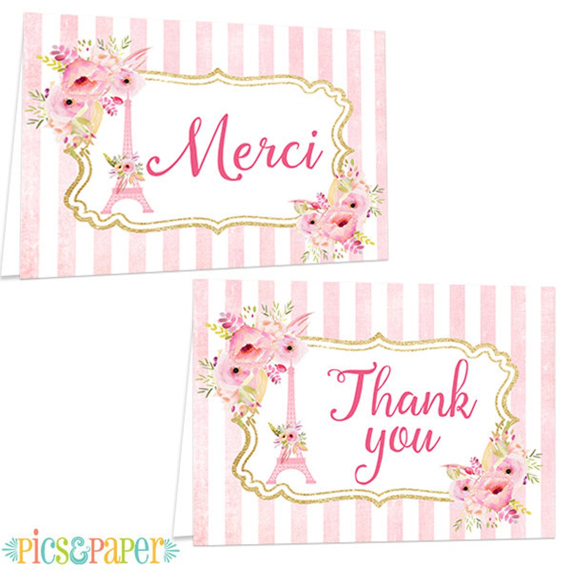 Paris Theme French Theme Thank You Cards Merci in Pink and - Etsy
