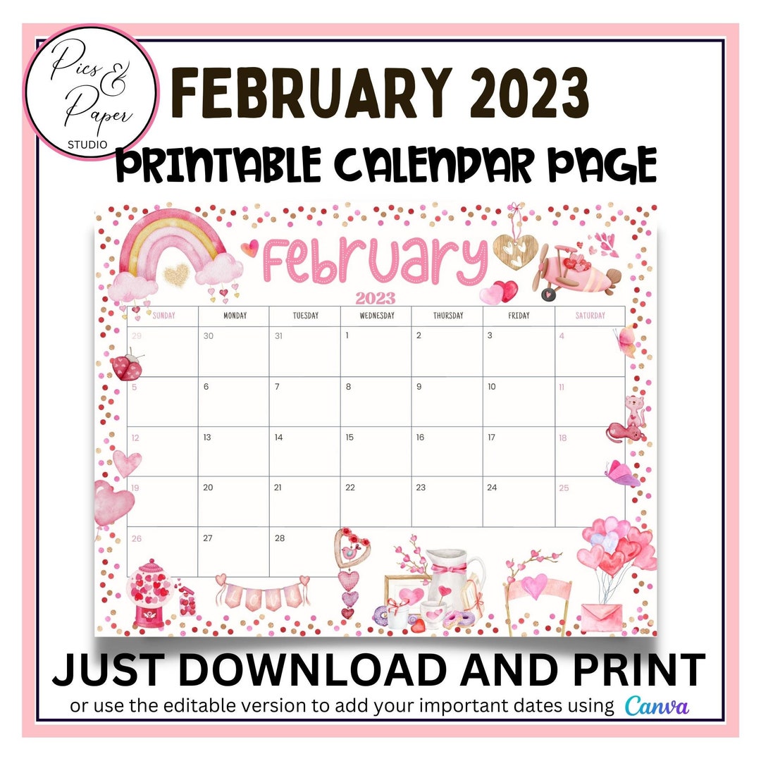 Printable Editable February 2023 Calendar Page Valentine's Day Theme ...