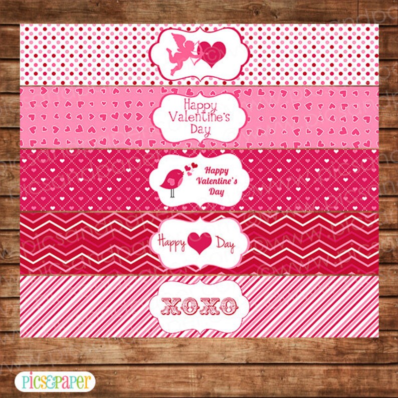 Valentine's Day Water Bottle Wrappers, Labels in Red and Pink Patterns ...