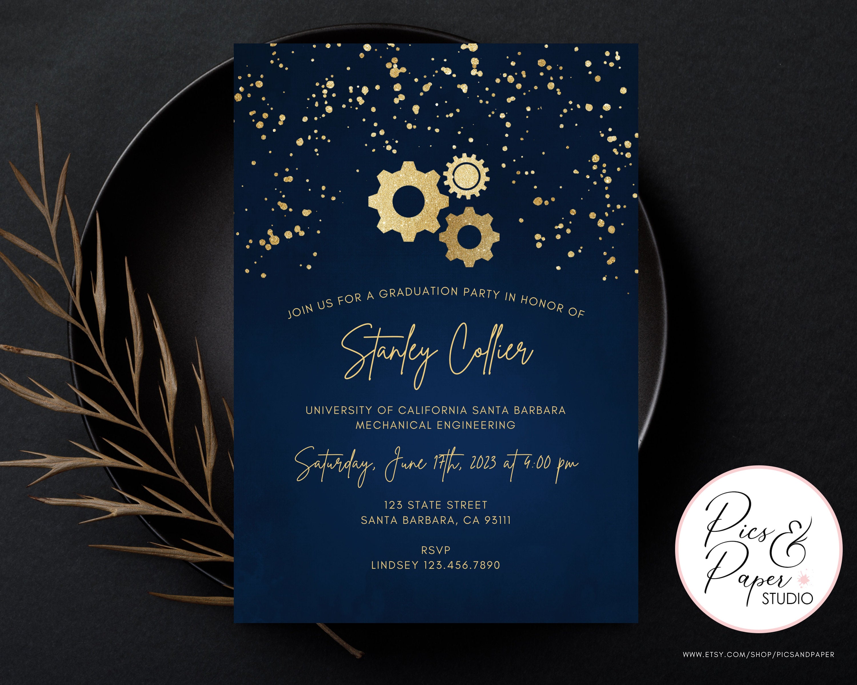 Mechanical Engineering Graduation Announcement in Navy and Gold With ...