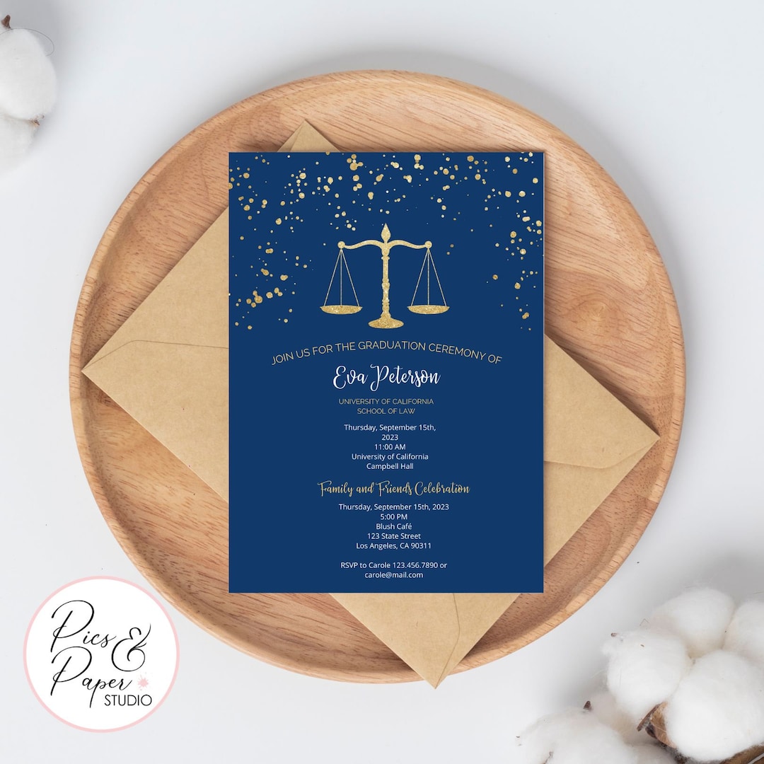 Law School Graduation Invitation Editable Template, Navy and Gold Scale ...