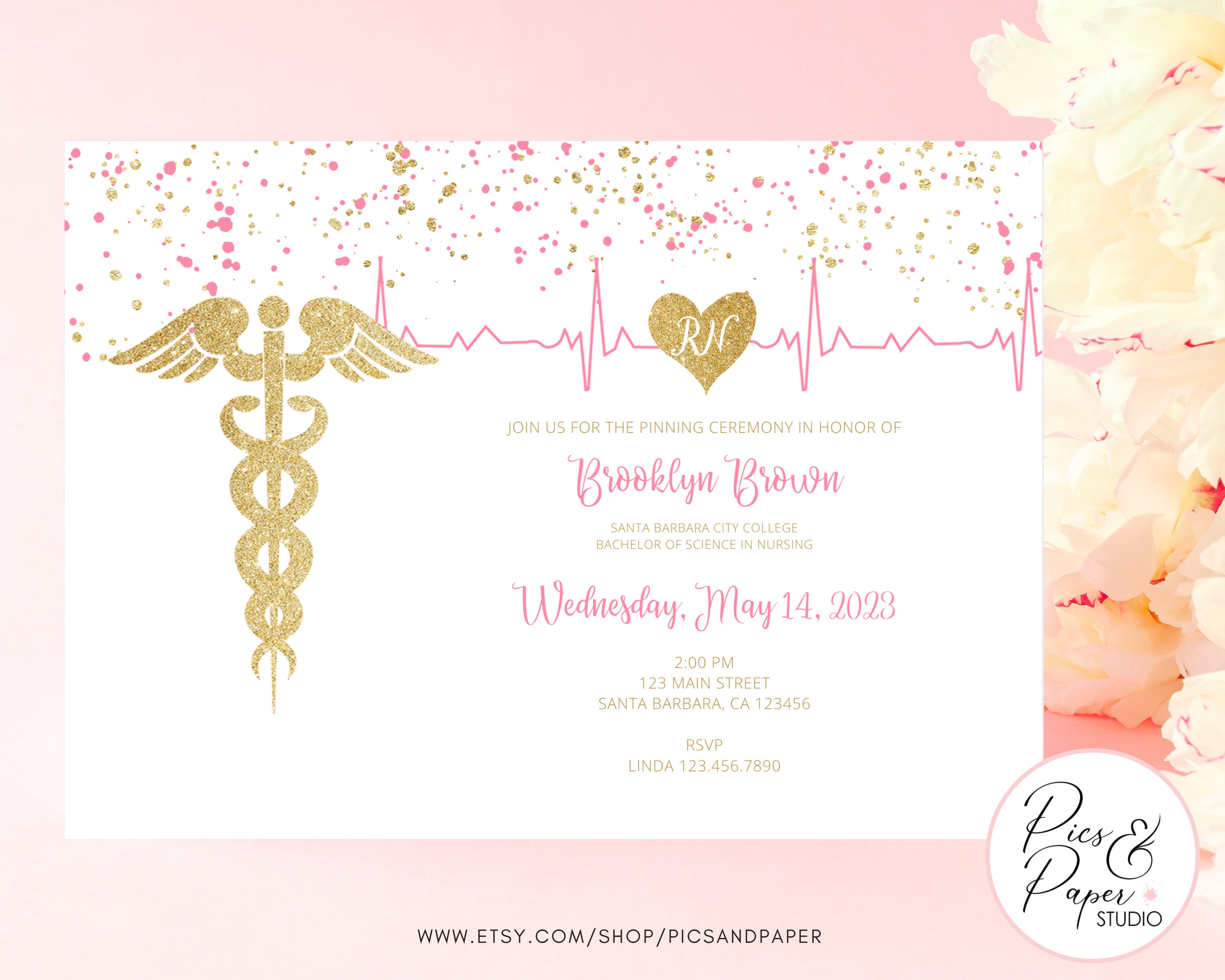 Nursing Graduation Invitation, RN in Pink and Gold, Personalized With ...