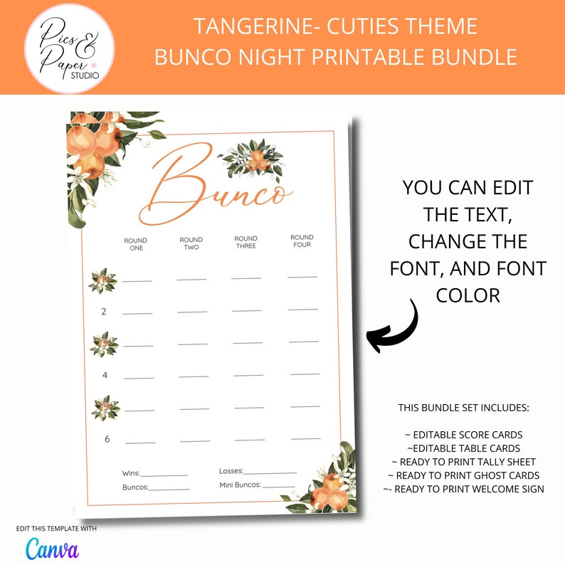 Bunco Night Tangerine-cuties, Score Card, Tally Sheet, Welcome Sign ...
