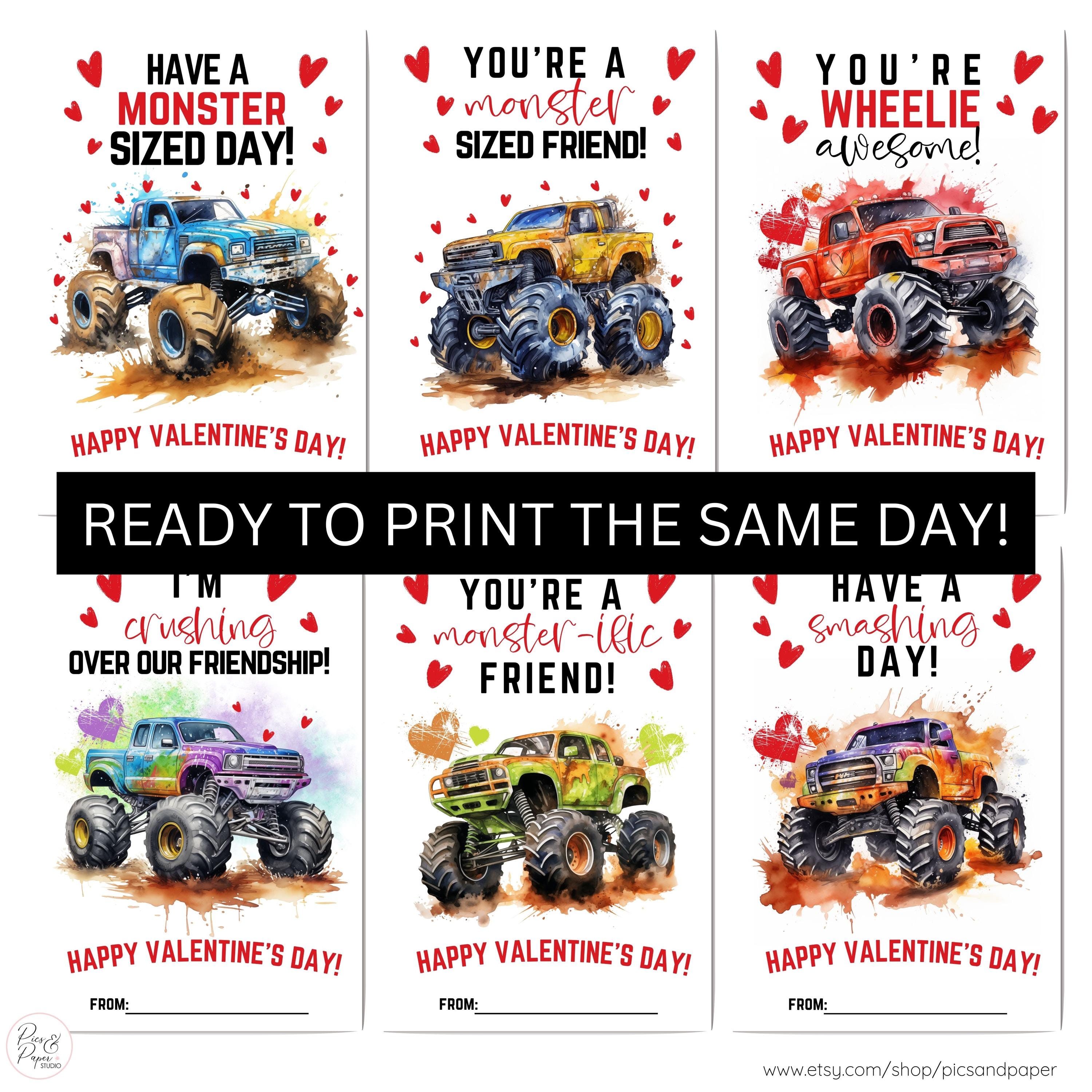Monster Truck Valentine’s Day Cards for Kids Printable- Boys Valentine ...