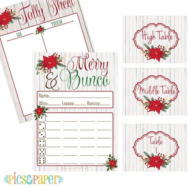 Christmas Bunco Score Card With Poinsettias- Merry and Bunco- Rustic ...