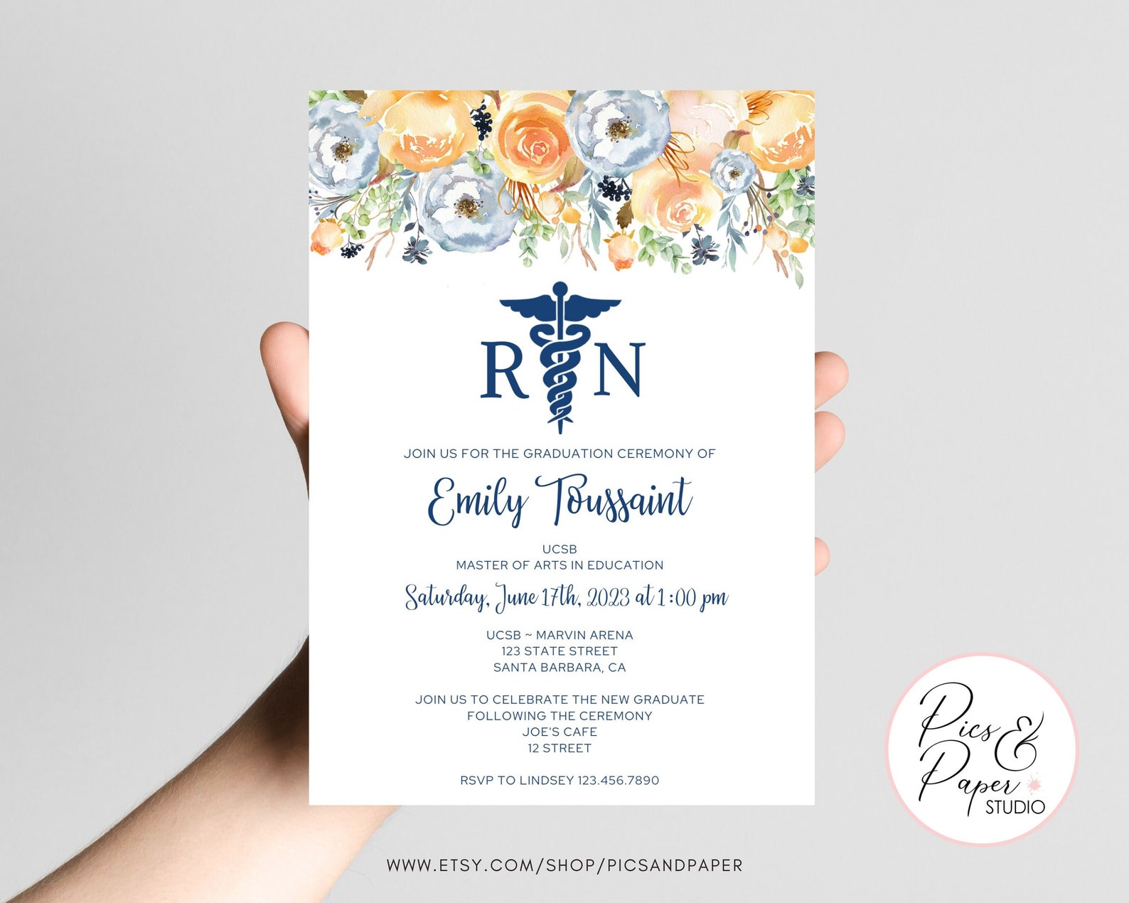 Nursing School Graduation Announcement RN Peach and Blue Flowers ...