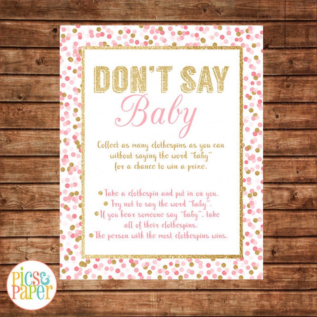 Don't Say Baby Baby Shower Game Sign With Confetti in Pink and Gold ...