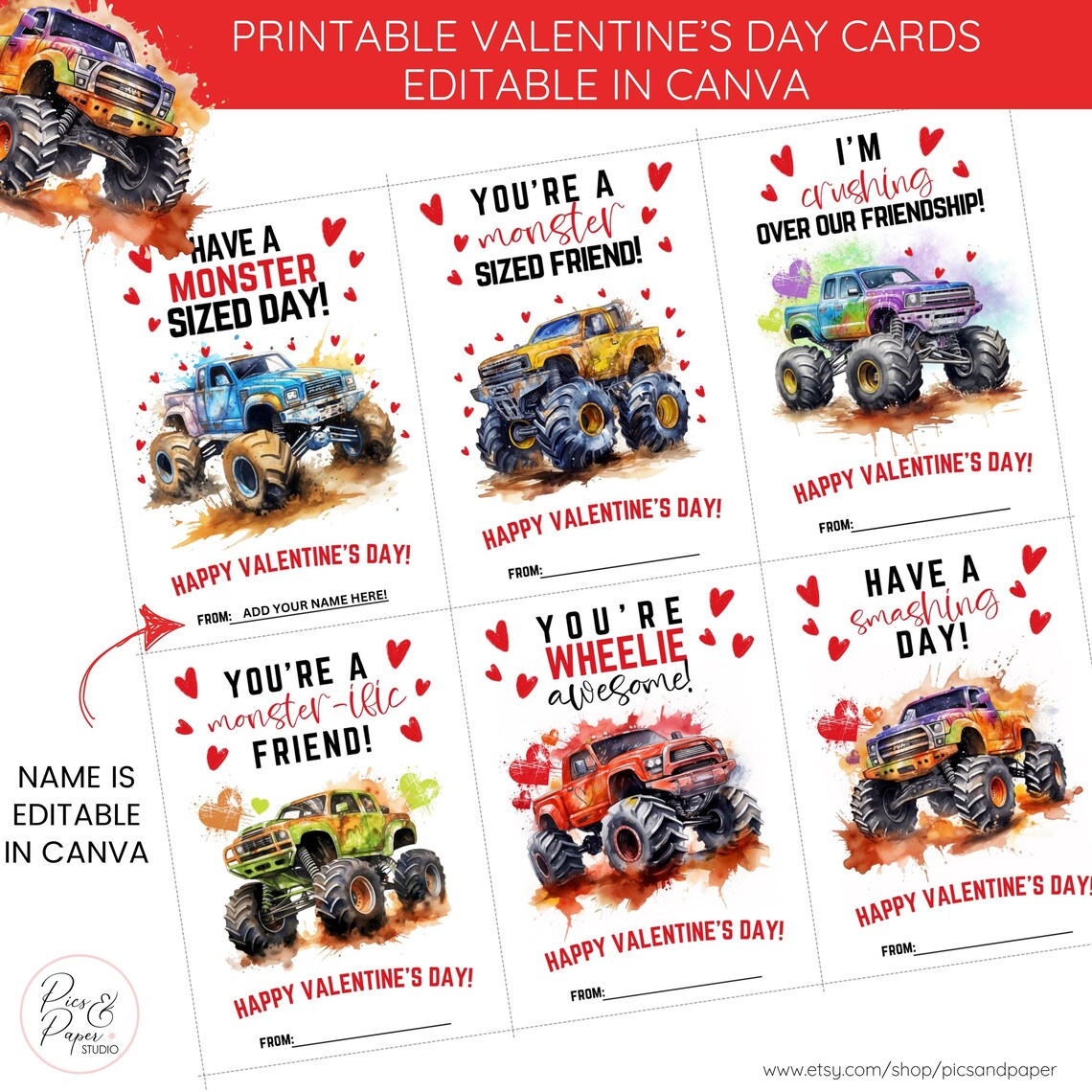 Monster Truck Valentine’s Day Cards for Kids Printable- Boys Valentine ...