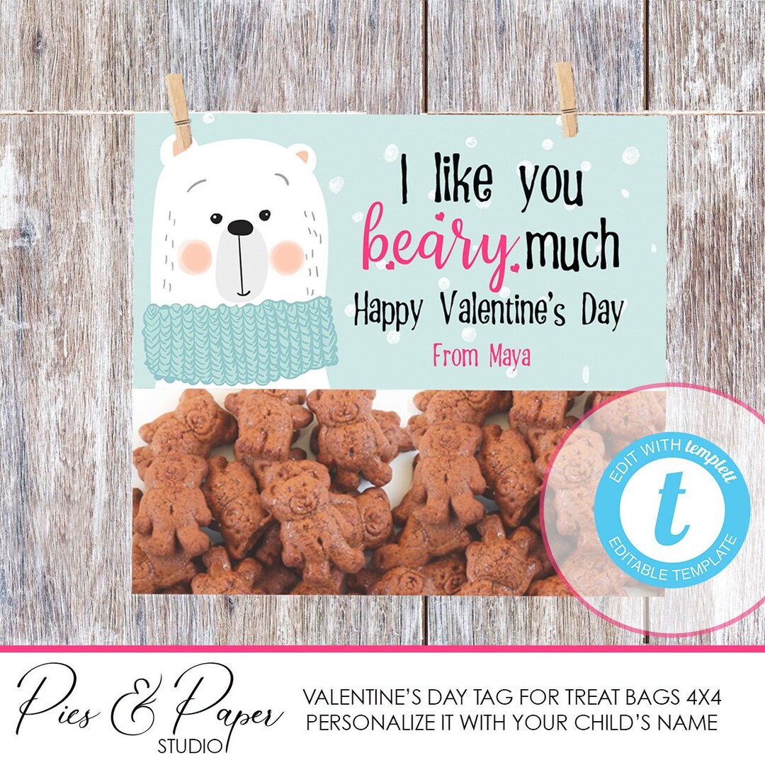 Valentine's Day Treat Bag Toppers Polar Bear I Like You Beary Much ...