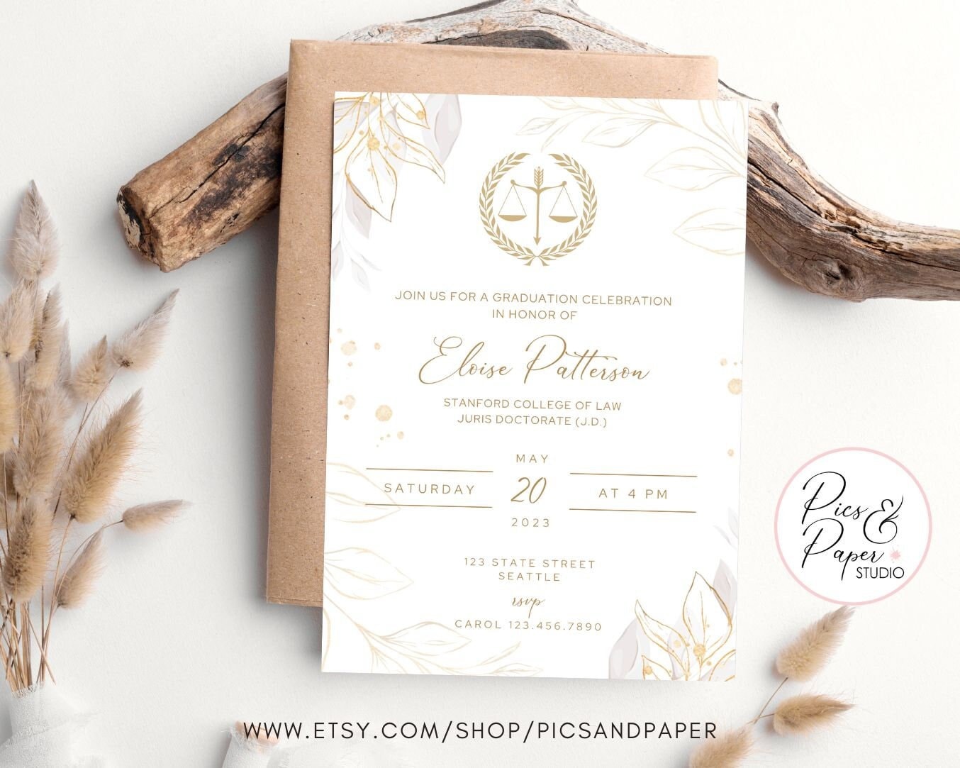 Law School Graduation Party Invitation Simple Gold and White Editable ...