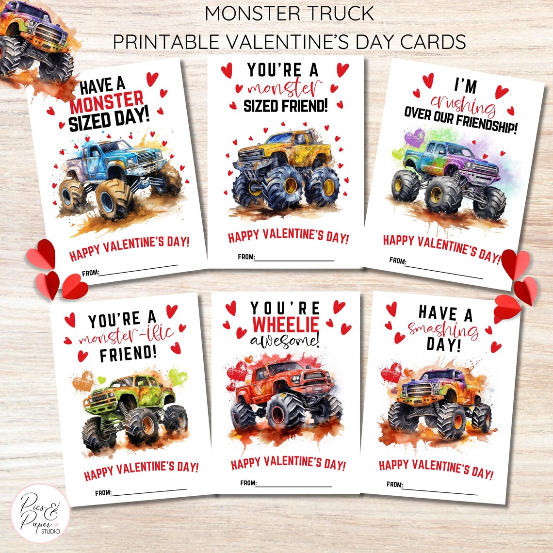 Monster Truck Valentine’s Day Cards for Kids Printable- Boys Valentine ...