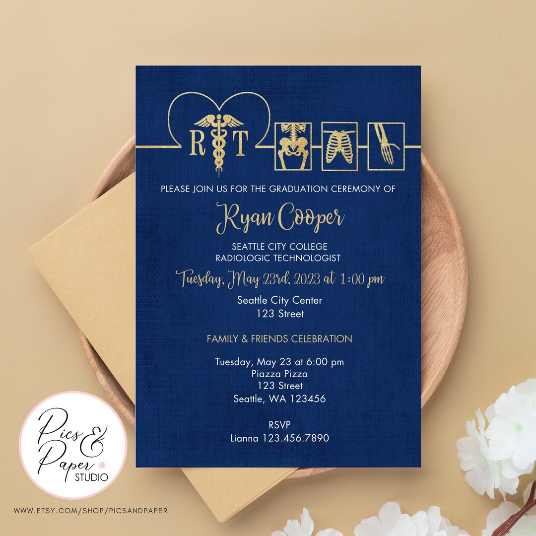 Radiologic Technologist Graduation Invitation, RT, Navy and Gold ...